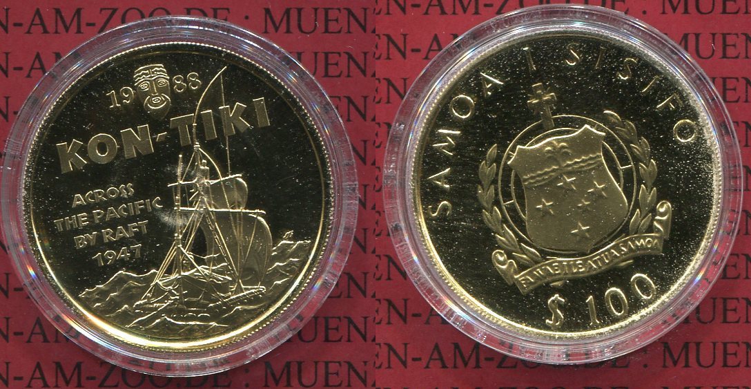 100 Tala Gold Kon Tiki Schiffsmotiv West Samoa 100 Tala Gold Gold 1988 ...