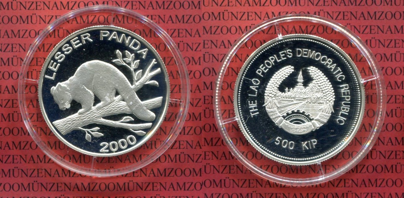 Laos 500 KIP Silber 2000 Endangered Wildlife Kleiner Panda proof with ...