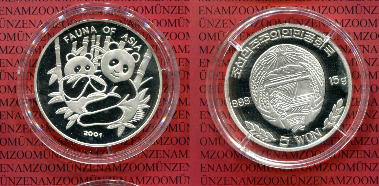 Nordkorea 5 Won Silber 2001 Endangered Wildlife Panda proof with ...