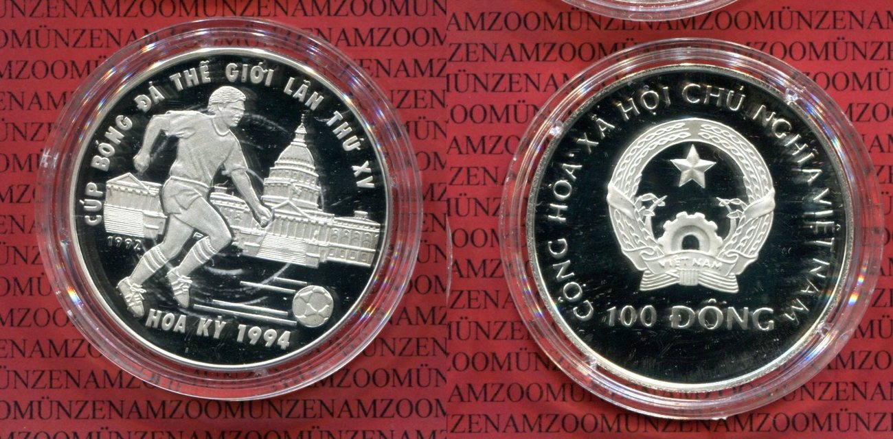 Vietnam 100 Dong Silber 1992 Fifa Worldcup USA 1994 proof with capsule ...