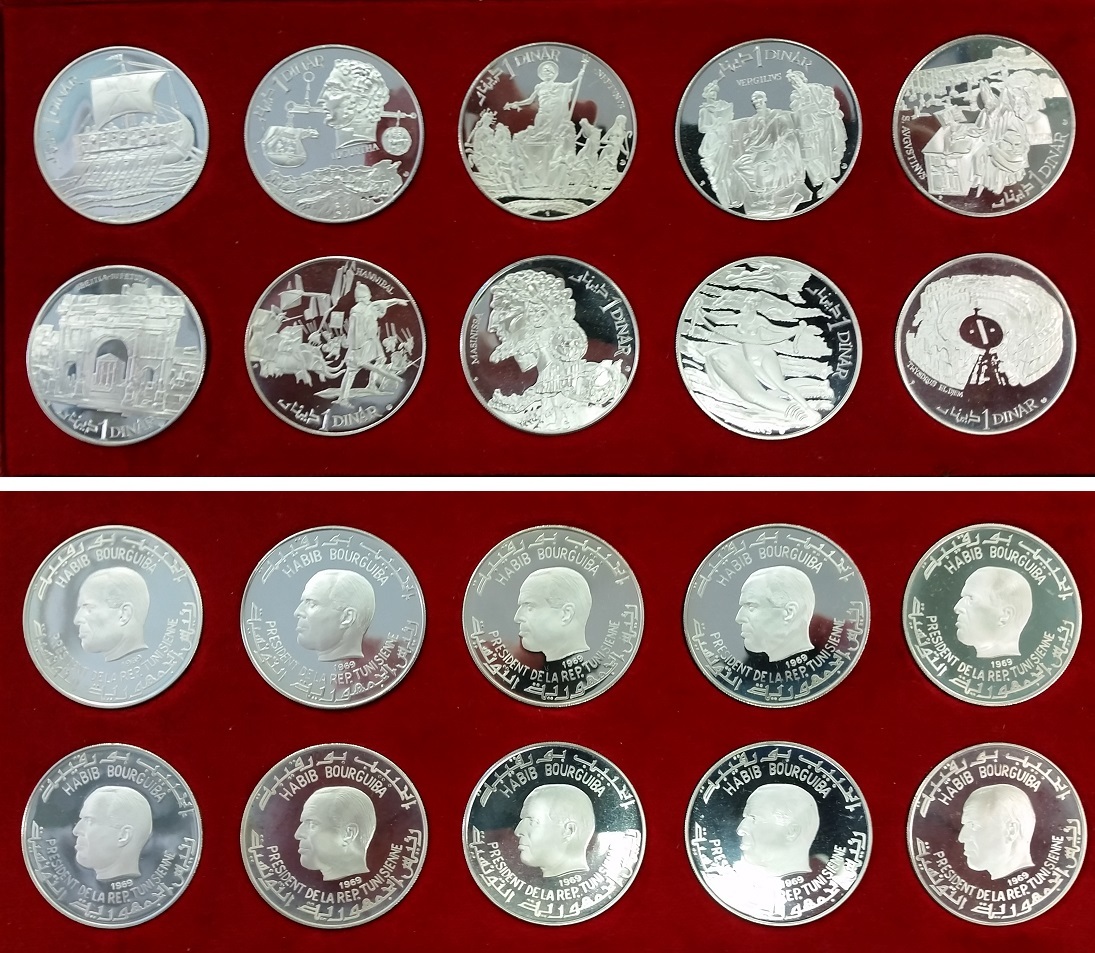 Tunesien 10 x 1 Dinar Silbermünzen Set 1969 Habib Bourguiba coin set ...