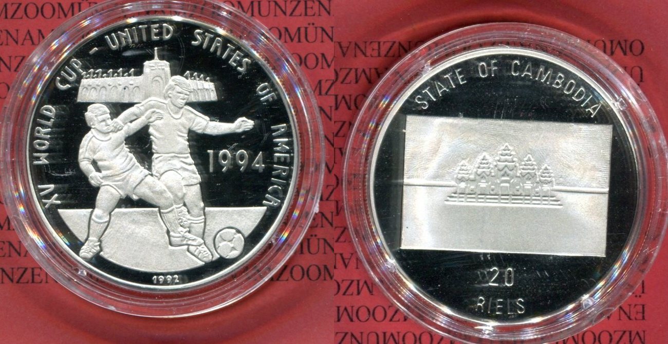Kambodscha 20 Riels Silber 1992 Fifa World Cup USA 1994 proof with ...