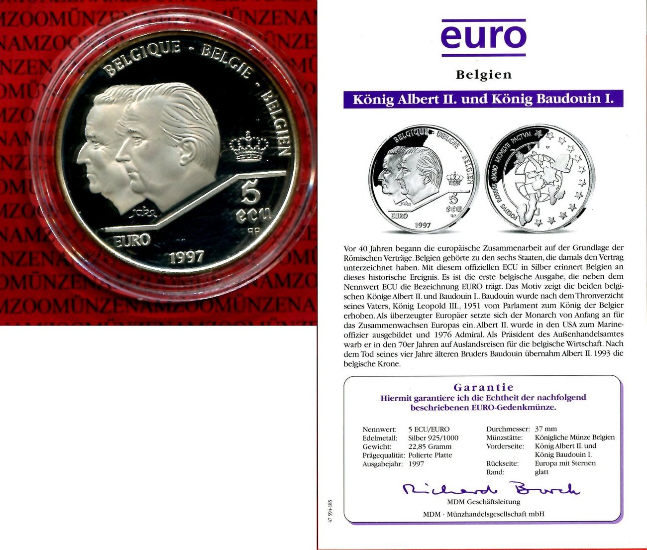 Belgien 5 Ecu Silber 1997 König Albert II und König Baudouin I Proof ...
