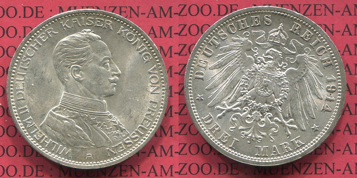 Preußen, Prussia Germany 3 Mark Silber Kaiserreich Preußen 3 Mark 1914, Kursmünze Wilhelm II. in ...