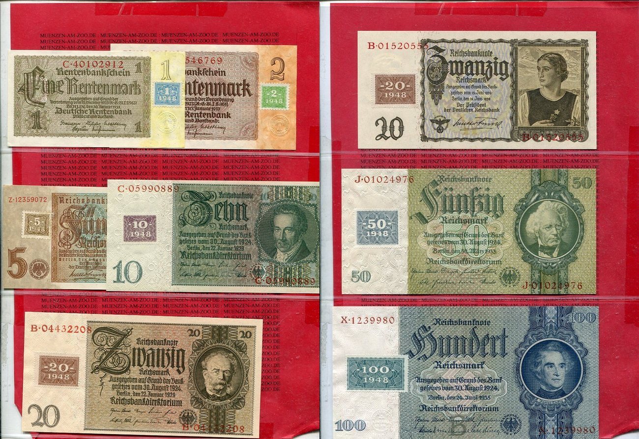 DDR East Germany Kuponausgaben 8 Stück 1 - 100 Mark 1948 Scheine 1-2-5 ...