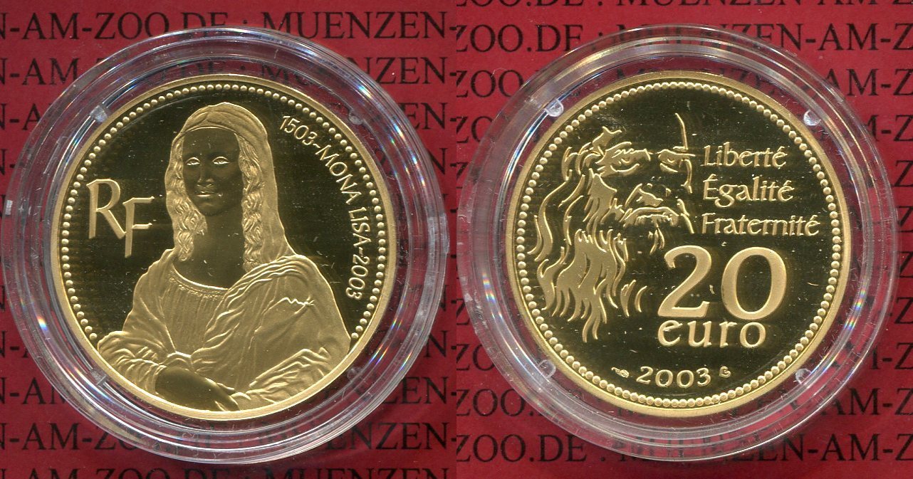Frankreich France 20 Euro Gold, 1/2 Unze Feingold 2003 Mona Lisa proof ...
