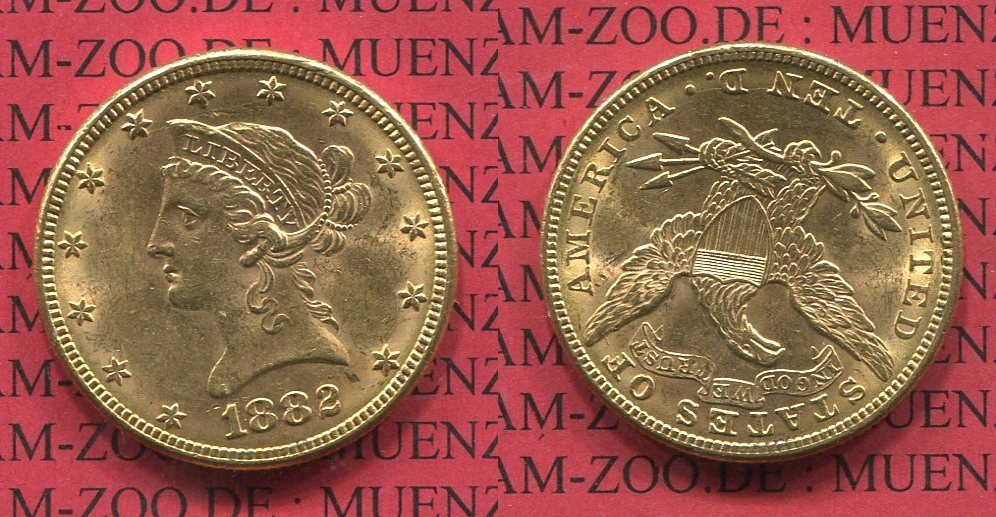 USA 10 Dollars Gold 1882 Liberty, Frauenkopf, Coronet Head Gold Eagle ...