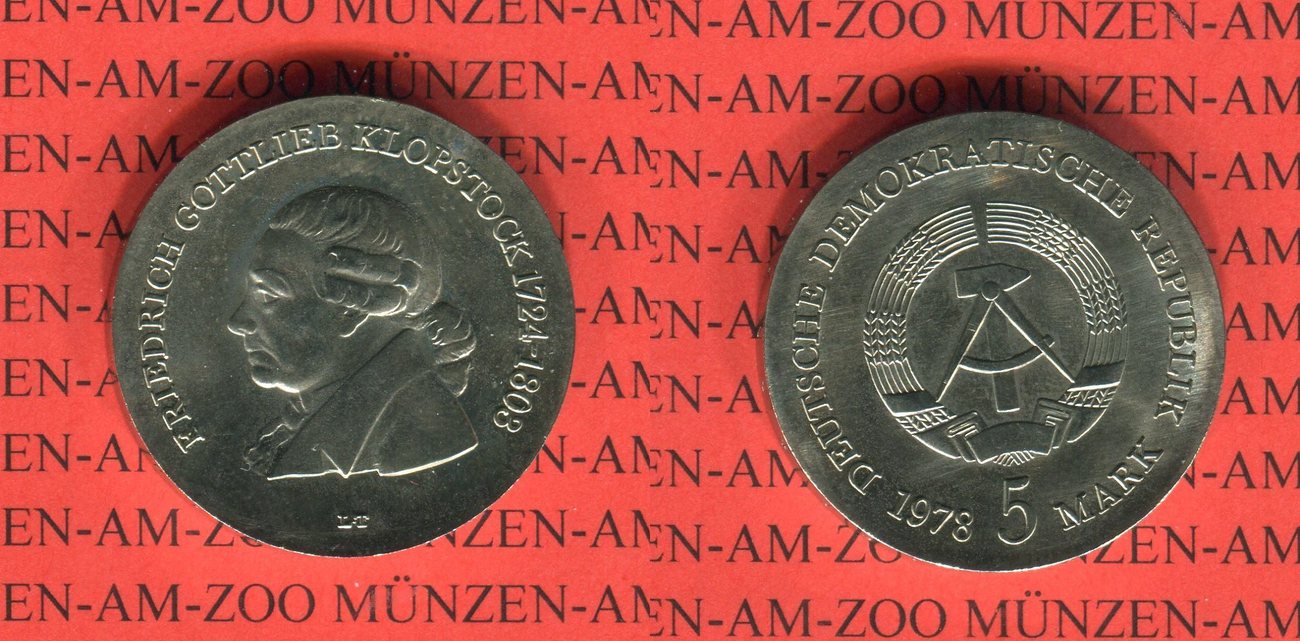 DDR 5 Mark 1978 Gedenkmünze 175. Todestag Friedrich Gottlieb Klopstock BU | MA-Shops