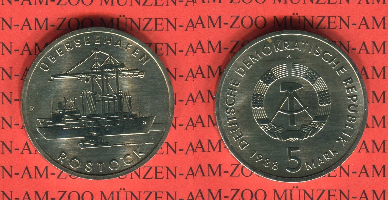 DDR 5 Mark 1988 Gedenkmünze Überseehafen Rostock BU | MA-Shops