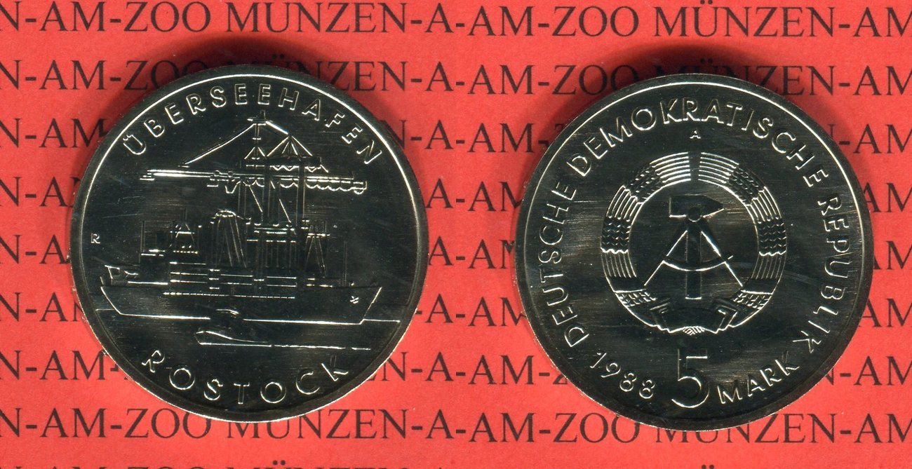 DDR 5 Mark 1988 Gedenkmünze Überseehafen Rostock BU | MA-Shops