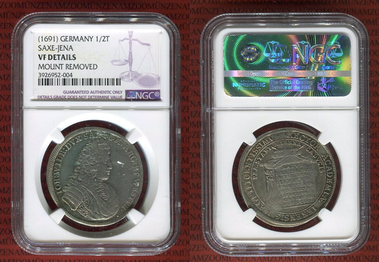 Sachsen Jena 1/2 Taler 1691 Johann Wilhelm (1678-1691) NGC VF Details ...