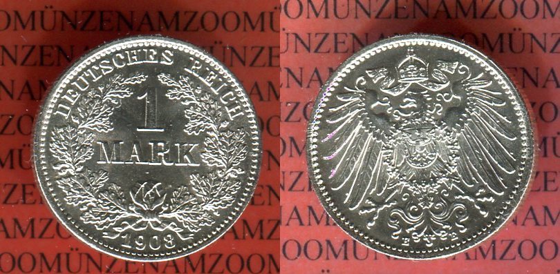 Kaiserreich German Empire 1 Mark Silbermünze 1908 E Kursmünze Erhaltung ...