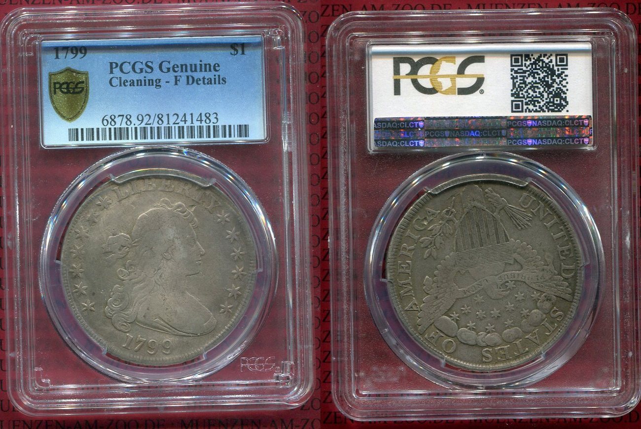 USA 1 Dollar 1799 Draped Bust Heraldic Eagle Reverse PCGS Genuine F Details | MA-Shops