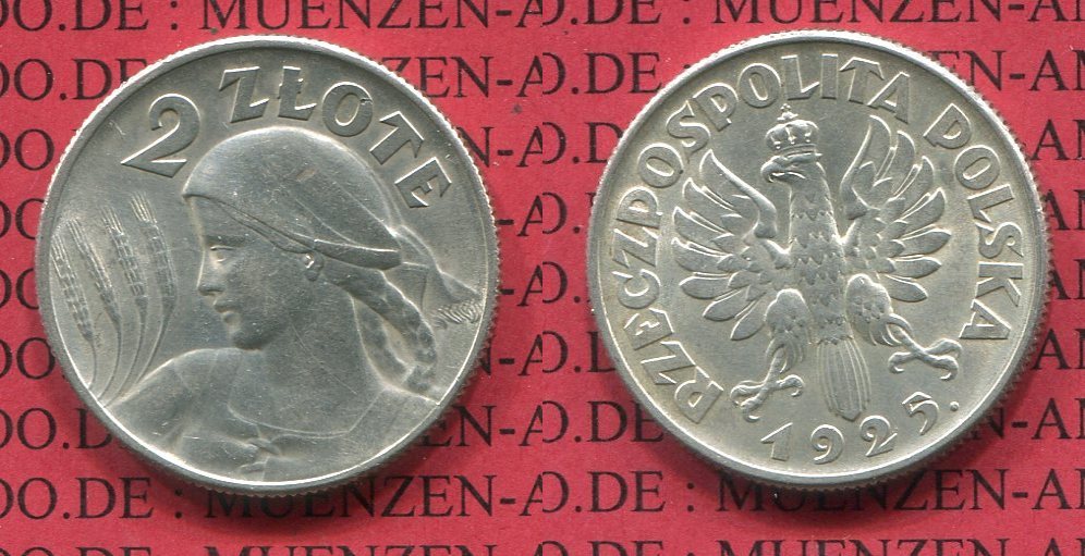 Polen, Poland 2 Zloty Silber 1925 Punkt nach Datum London, Dot after date USA Au-unc | MA-Shops