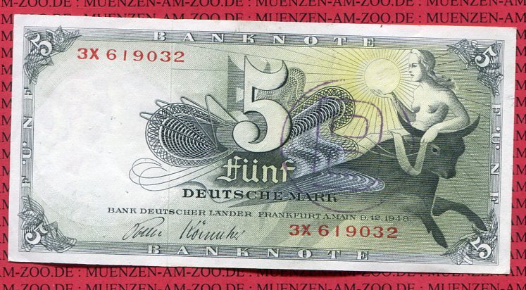 BRD, Bank Deutscher Länder 5 DM Deutsche Mark Europa Entführung 1948, o ...