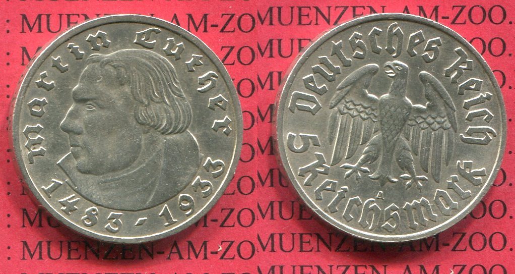 III. Reich 5 Reichsmark Silbermünze 1933 A 450. Geburtstag von Martin ...