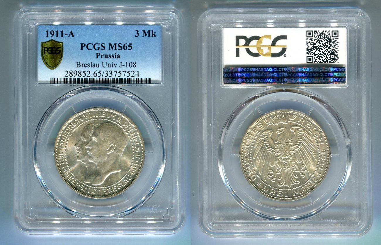 Preussen 3 Mark 1911 -A- Universität Breslau PCGS certified MS65 | MA-Shops