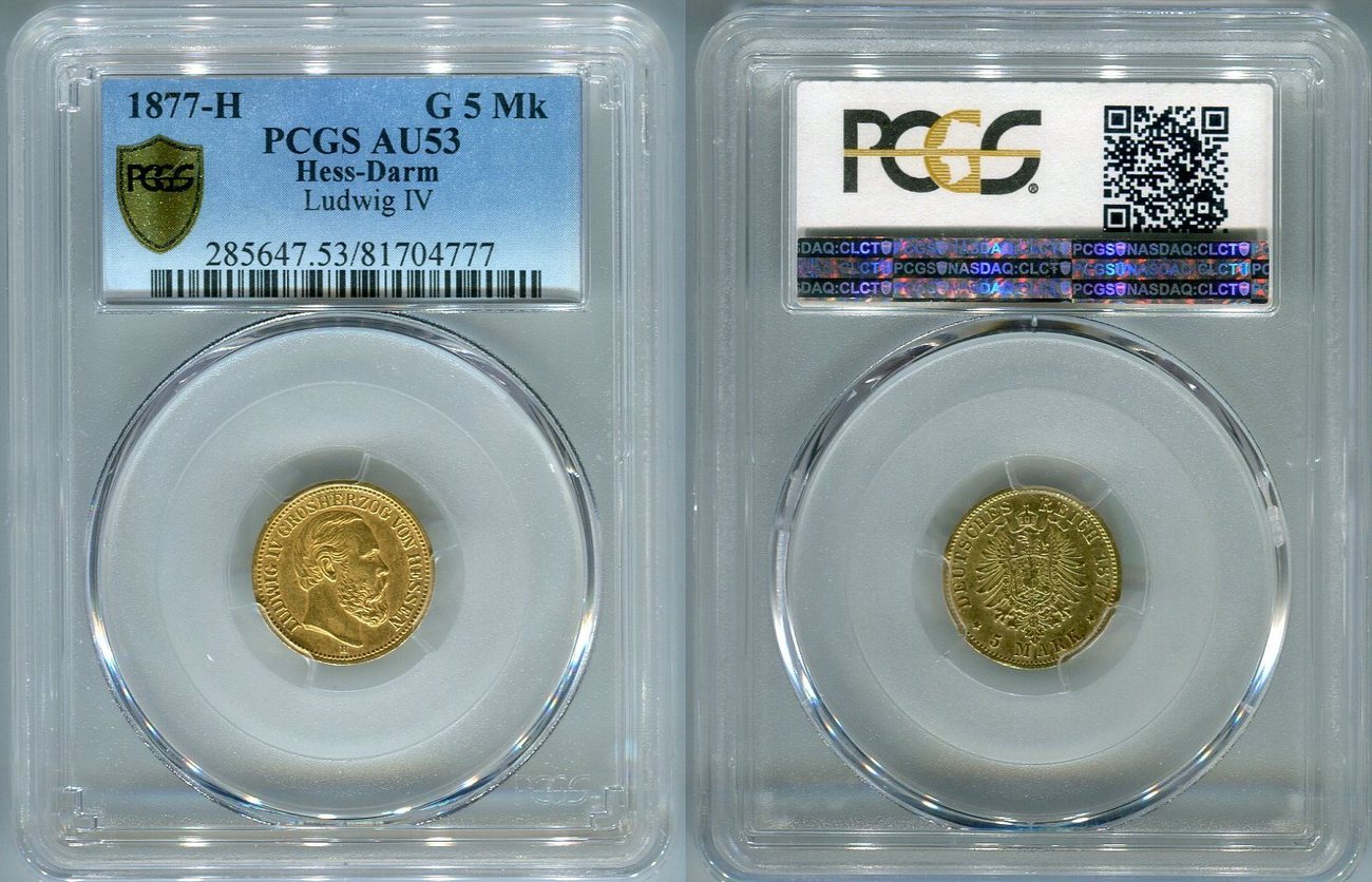 Hessen Darmstadt 5 Mark Goldmünze Ludwig IV. 5 Mark 1877 H Gold PCGS AU 53 | MA-Shops