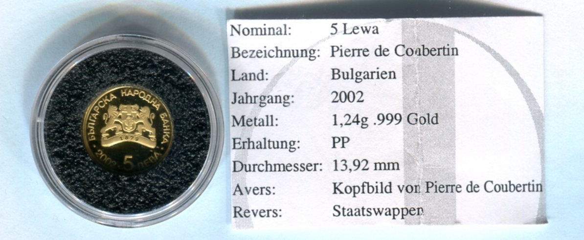 Bulgarien 5 Lewa 2002 Pierre de Coubertin proof | MA-Shops