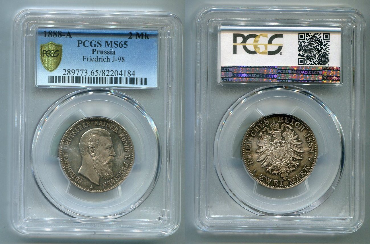 Preußen 2 Mark 1888 A Friedrich III. Nice Toning PCGS Holder MS 65 | MA ...