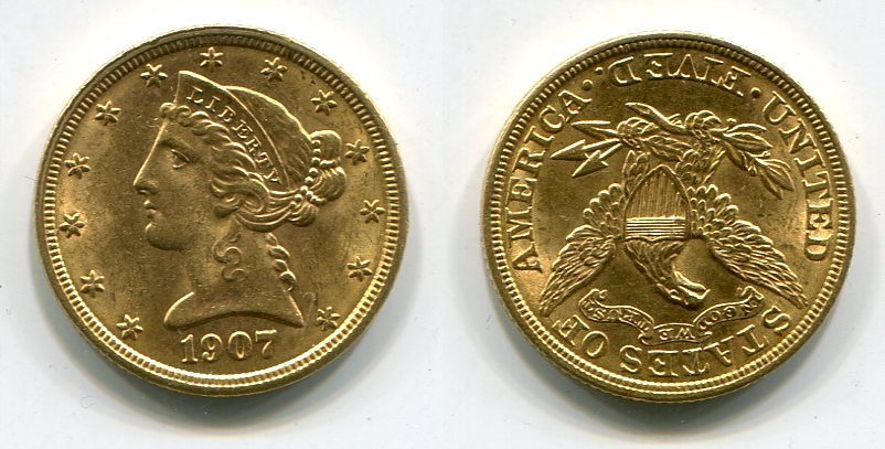 USA 5 Dollars Half eagle 1907 Liberty, Frauenkopf, Coronet Head Gold ...