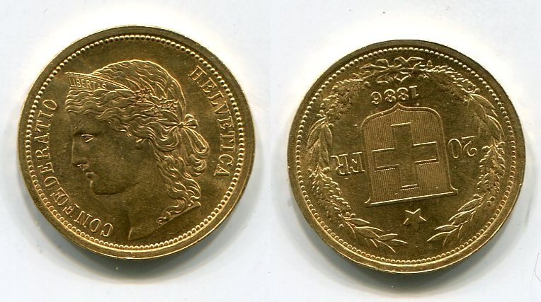 Schweiz, Switzerland 20 Franken 1886 Helvetia Typ Gold USA unc | MA-Shops