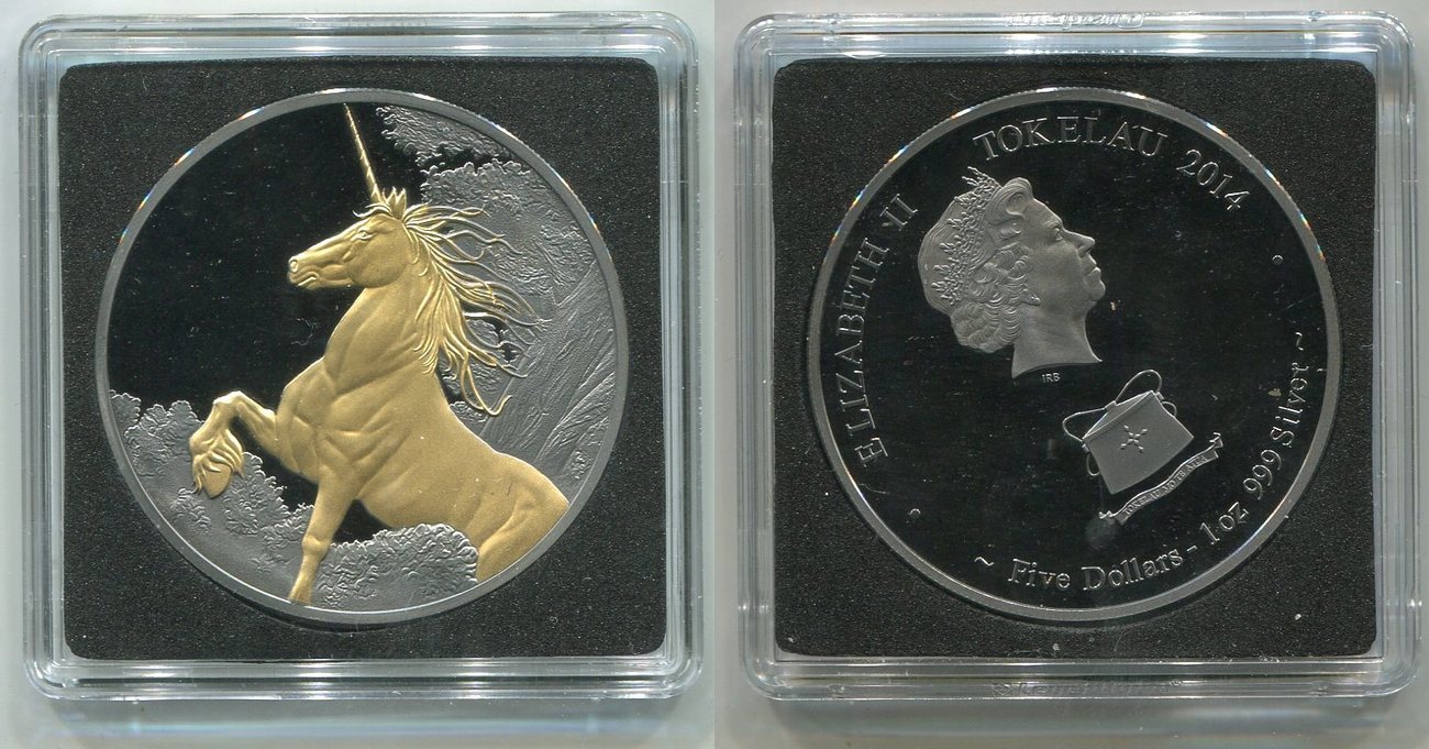Tokelau 5 Dollars 2014 Golden Enigma Edition Einhorn Unicorn ...