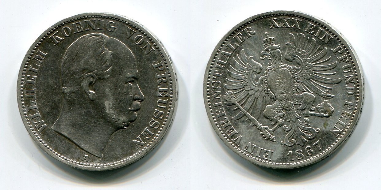 Preußen Königreich 1 Taler Vereinstaler 1867 A Wilhelm USA VF | MA-Shops