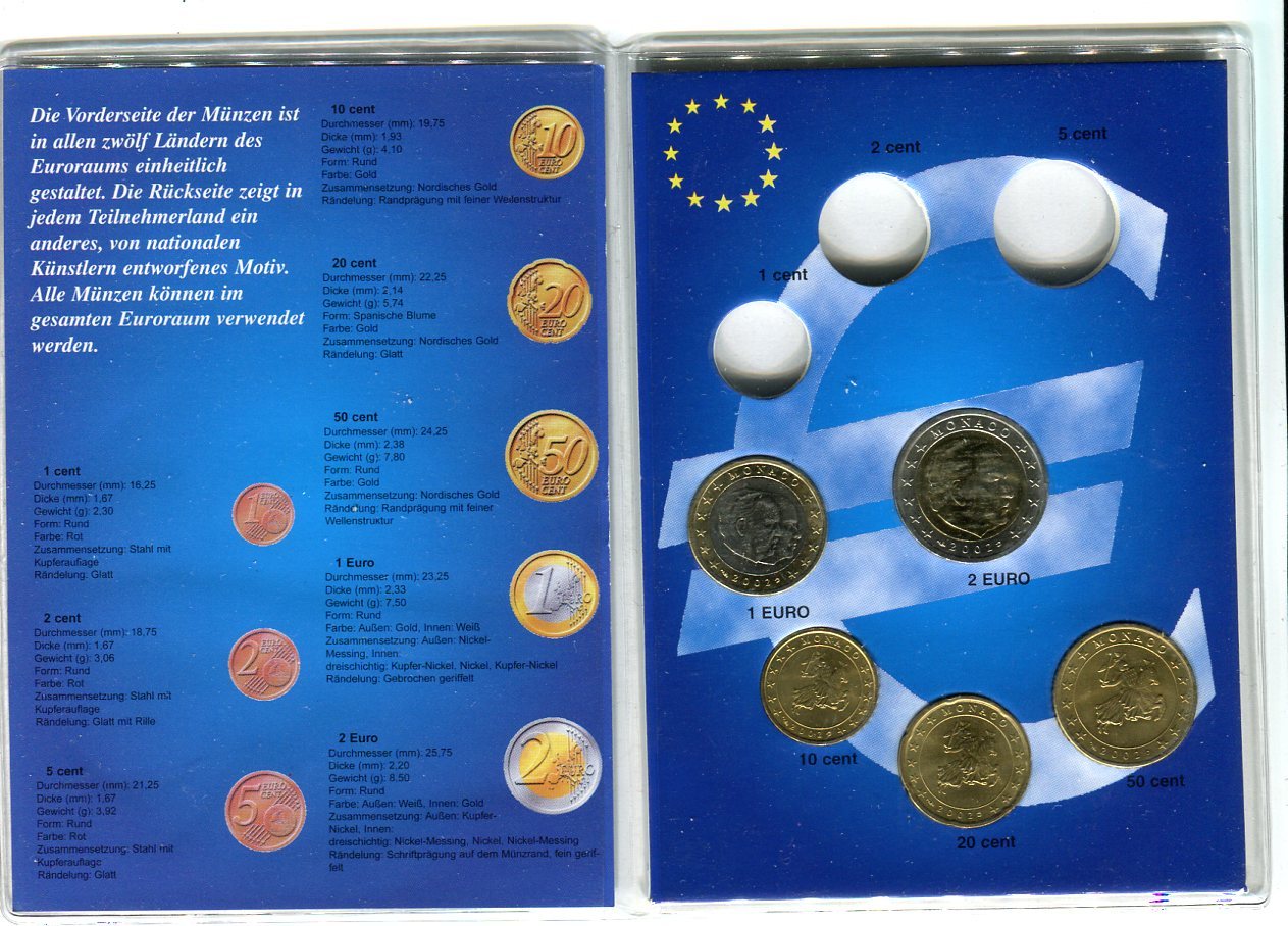 3,80 Euro lose Monaco 3,80 Euro 2002 KMS lose, ohne 1 Cent - 5 Cent unc ...