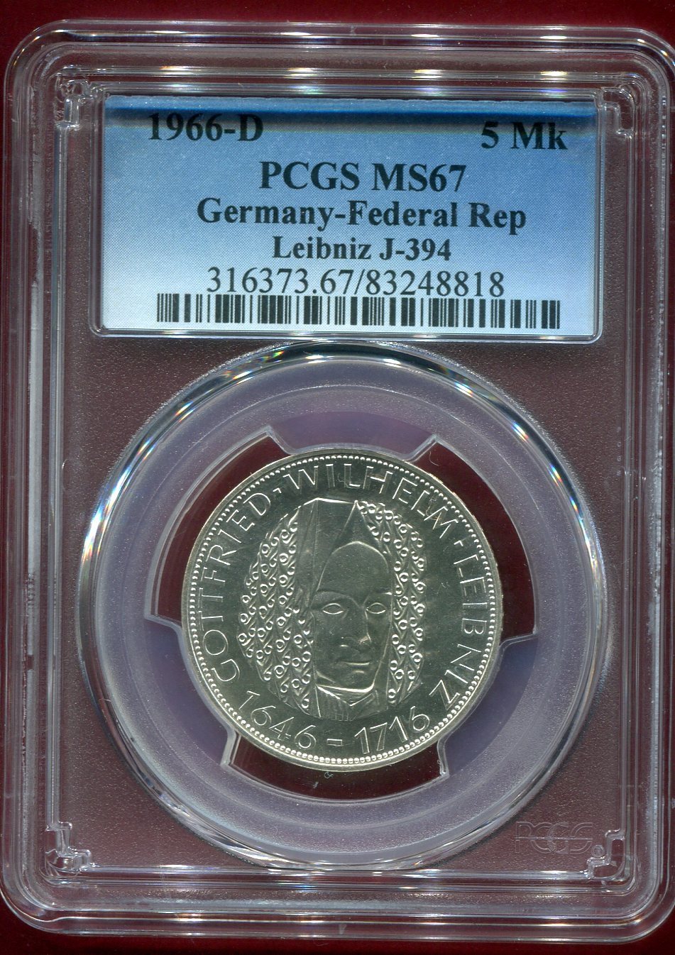 Bundesrepublik Deutschland, FRG, Germany 5 DM 1966 D Leibniz Top Pop ! prooflike appearance PCGS ...
