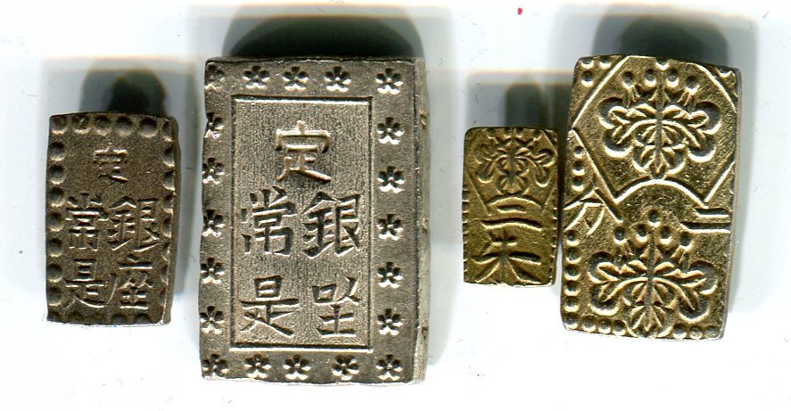 Shu + Bu aus Silber und Nishu + Nibu aus Gold 1834-68 Japan Das Gold ...