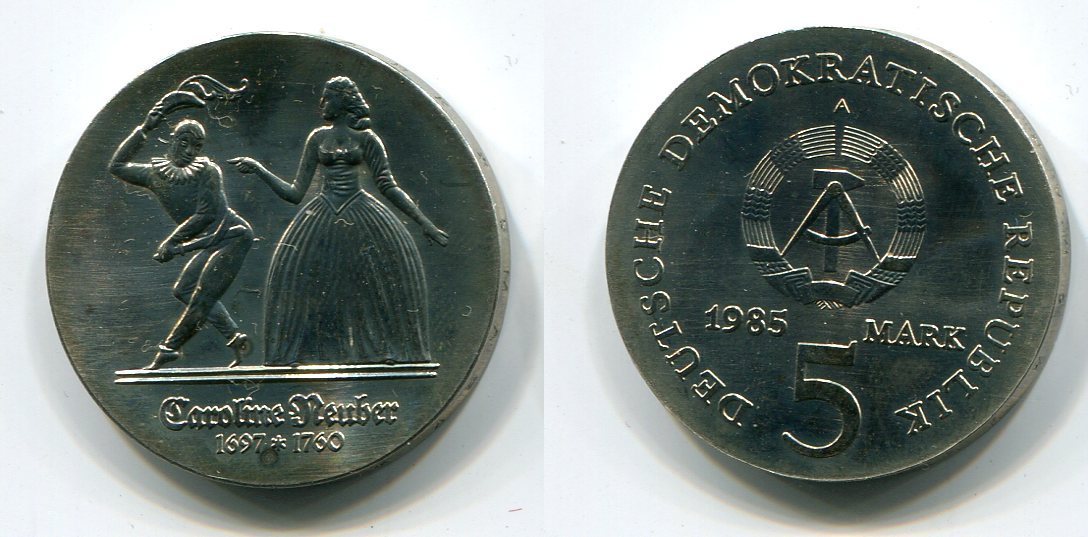 DDR 5 Mark 1985 Gedenkmünze 225. Todestag Caroline Neuber unc, | MA-Shops