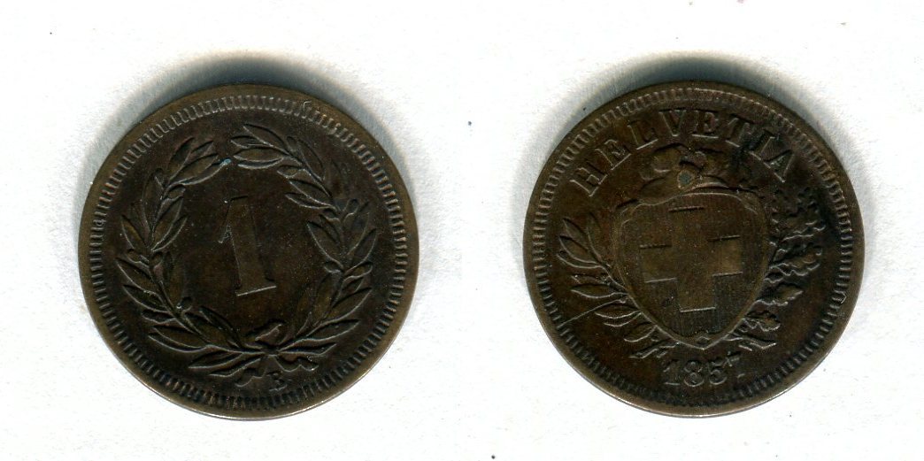 Schweiz 1 Rappen 1857 B Kursmünze ss, leicht gewellt | MA-Shops