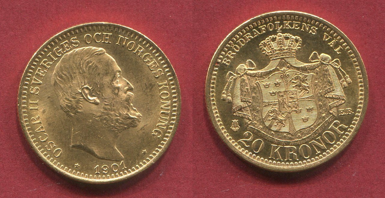 Schweden, Sweden 20 Kronor Goldmünze 1901 Oscar II. unc. | MA-Shops