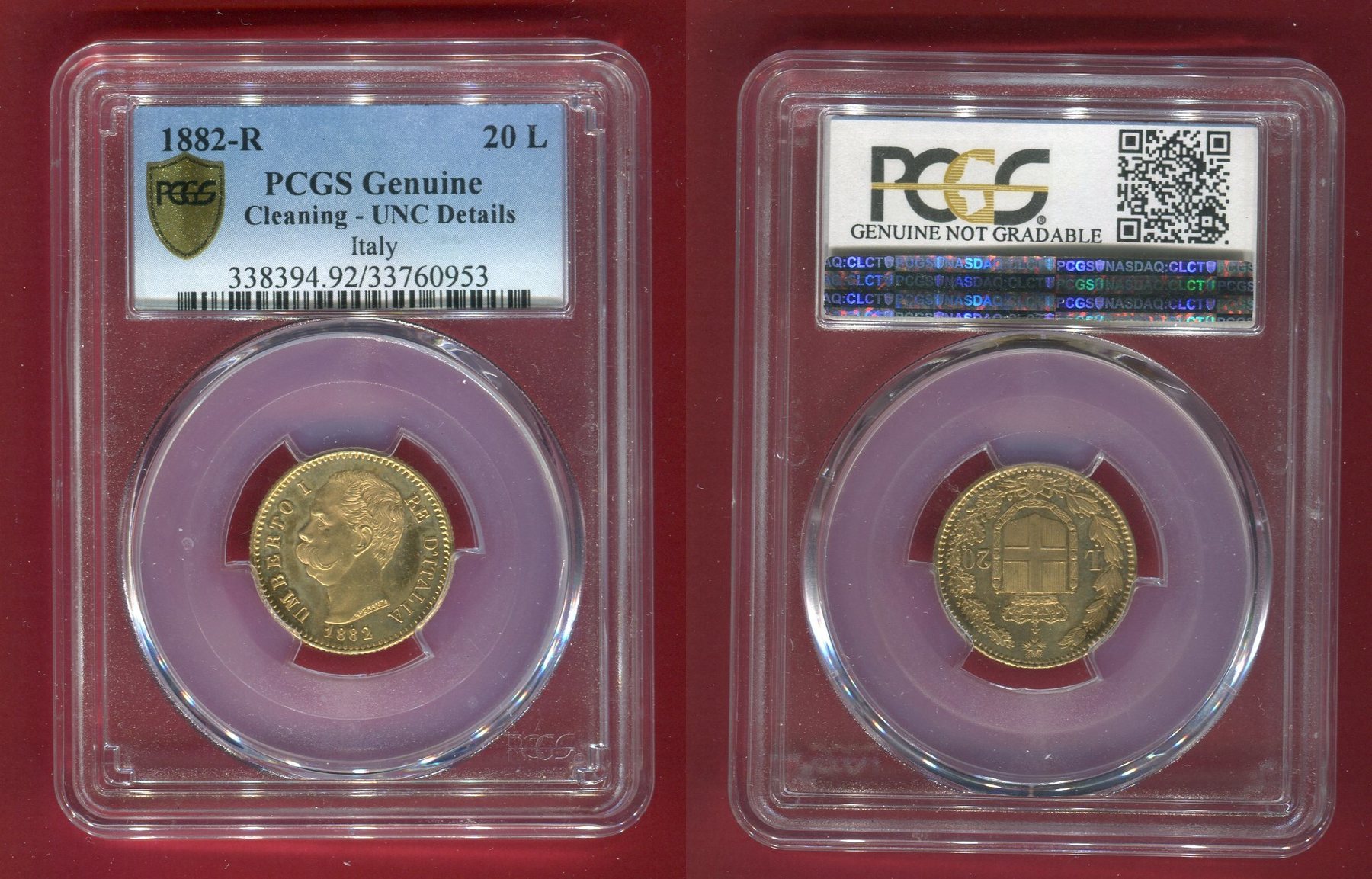 Italy 20 Lire 1882 R Leicht gereinigt prfr. Umberto I PCGS Genuine ...
