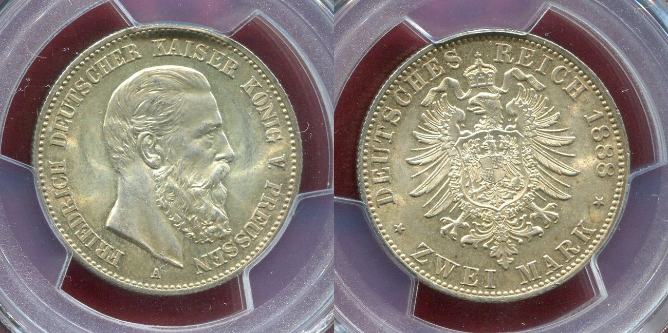 Preußen Germany 2 Mark 1888 A Friedrich III. Nice Toning PCGS Holder MS ...