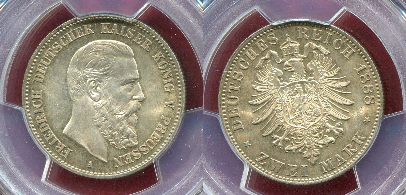 Preußen Germany 2 Mark 1888 A Friedrich III. Nice Toning PCGS Holder MS ...