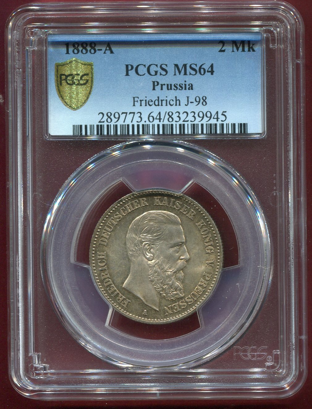 Preußen Germany 2 Mark 1888 A Friedrich III. Nice Toning PCGS Holder MS ...