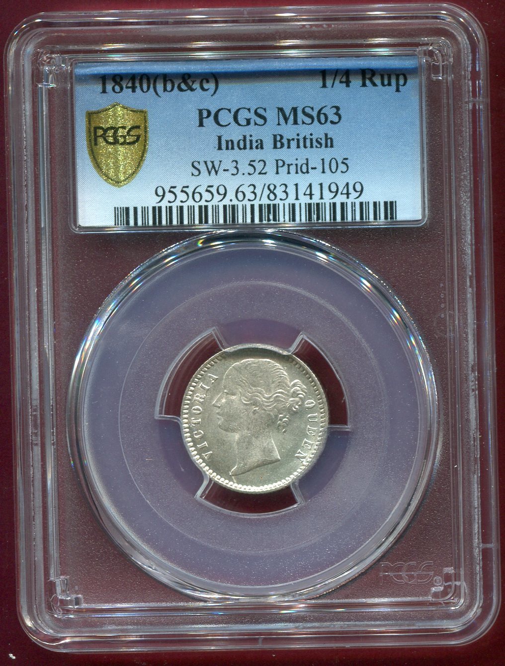 Indien England 1/4 Rupie Rupee 1840 b&C Victoria NGC MS 63 | MA-Shops