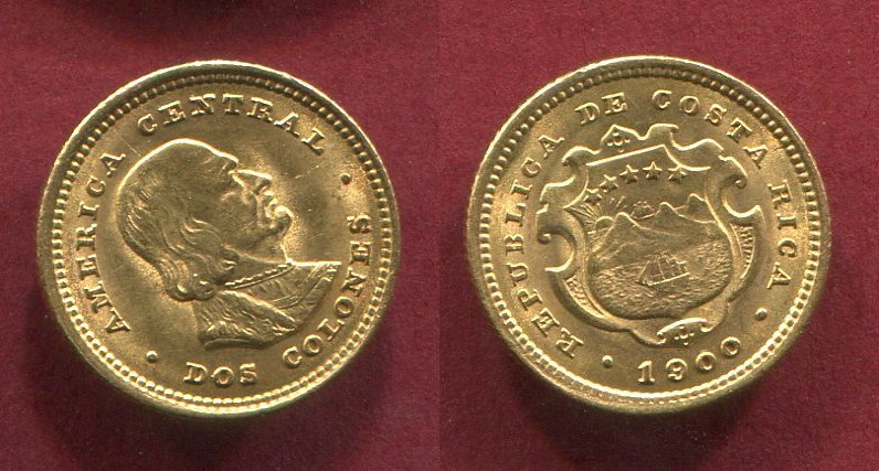 Costa Rica 2 Colones Gold 1900 Kolumbus America Central USA unc | MA-Shops