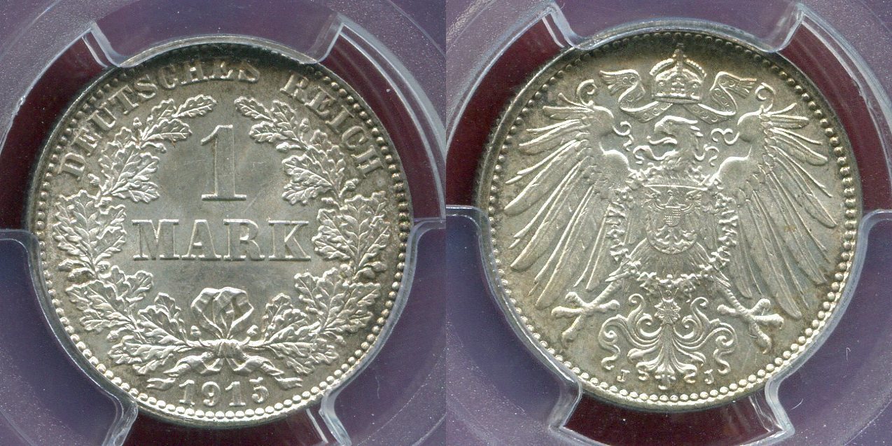Germany-Empire, Deutsches Kaiserreich 1 Mark 1915 J Kursmünze Regular Strike J, Hamburg Mint ...