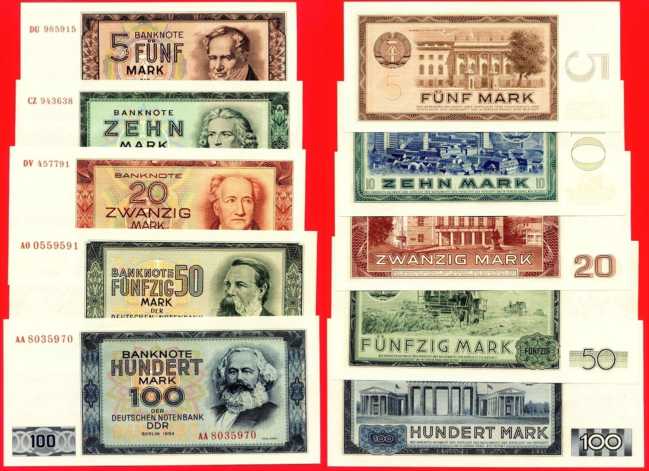Deutsche Demokratische Republik 185 Mark 1964 Satz DDR GDR Banknoten 5 ...