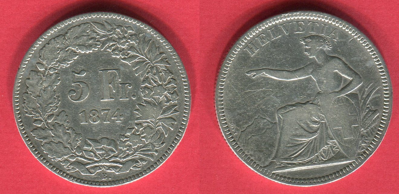 Schweiz Eidgenossenschaft 5 Franken Kursmünze 1874 B Sitzende Helvetia vf | MA-Shops