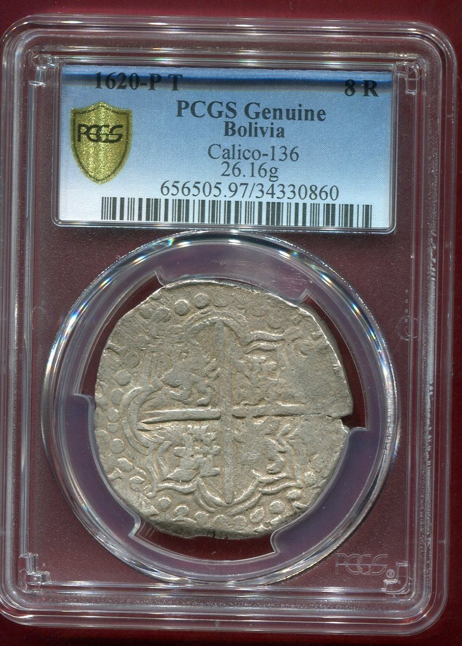 Bolivien 8 Reales 1620 PT Cob Coin Schiffsgeld PCGS Genuine | MA-Shops
