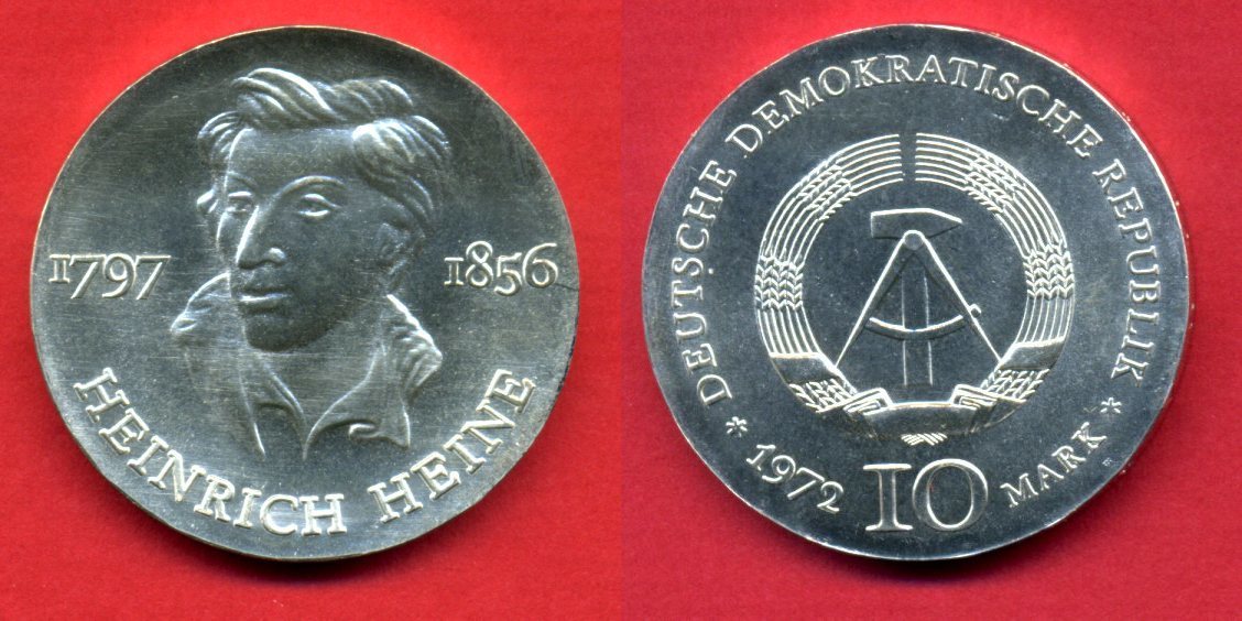 DDR 10 Mark 1972 Heinrich Heine Gedenkmünze 175. Geburtstag prfr ...