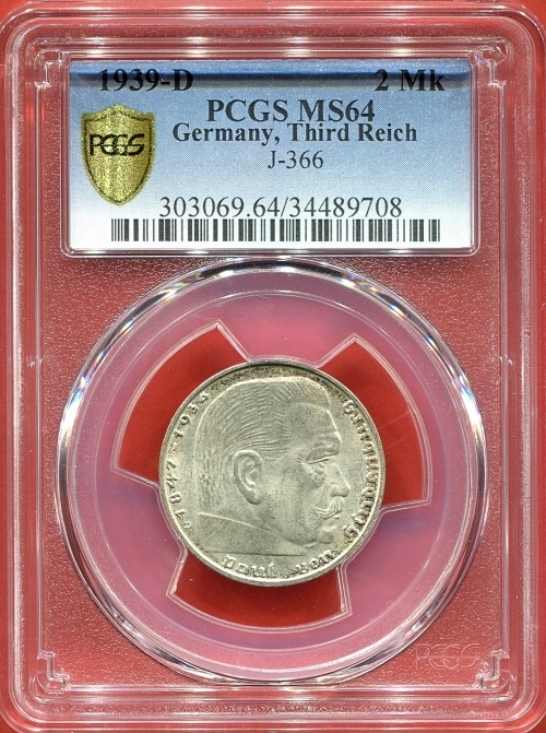 Germany, Third Reich 2 Reichsmark Silber 1939-D Deutsches Reich ...