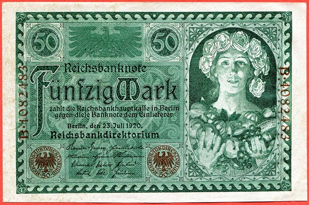 Deutsches Reich 50 Mark Reichsbanknote Serie B KN 7stellig Berlin 23 ...