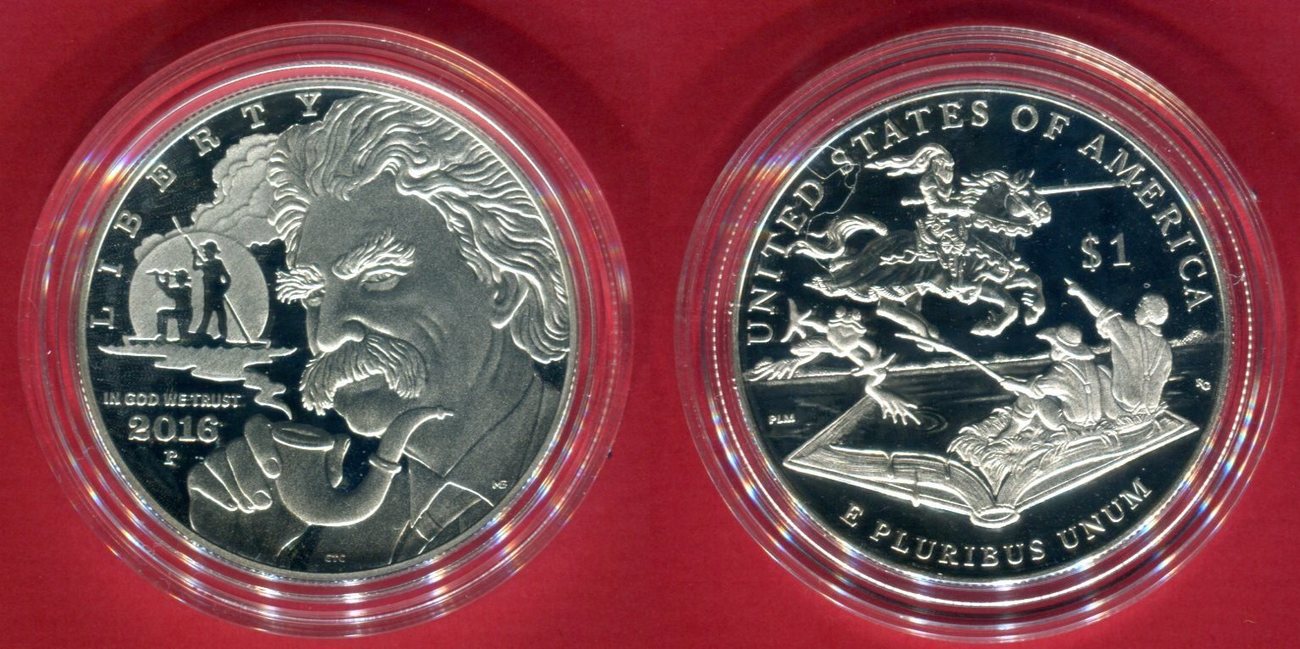 USA 1 Dollar Silbergedenkmünze 2016 Mark Twain Commemorative Coin ...