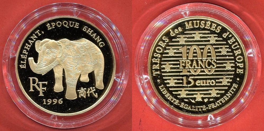 Frankreich 100 Franc - 15 Euro - Gold 1996 Elephant, Epoque Shang ...