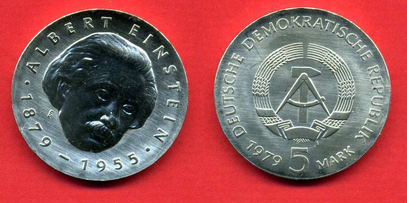 DDR 5 Mark Gedenkmünze 1979 100. Geburtstag Albert Einstein prägefrisch ...